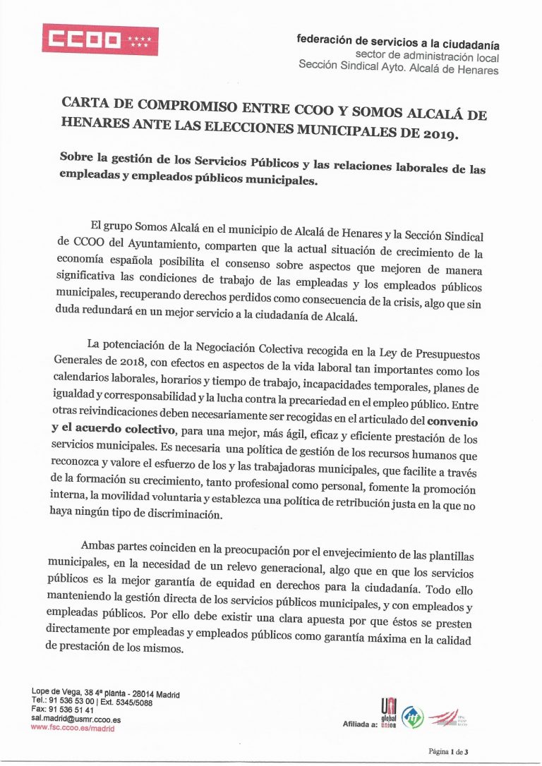 Carta de compromiso firmada por Somos Alcalá – CCOO Ayto. Alcalá de Henares