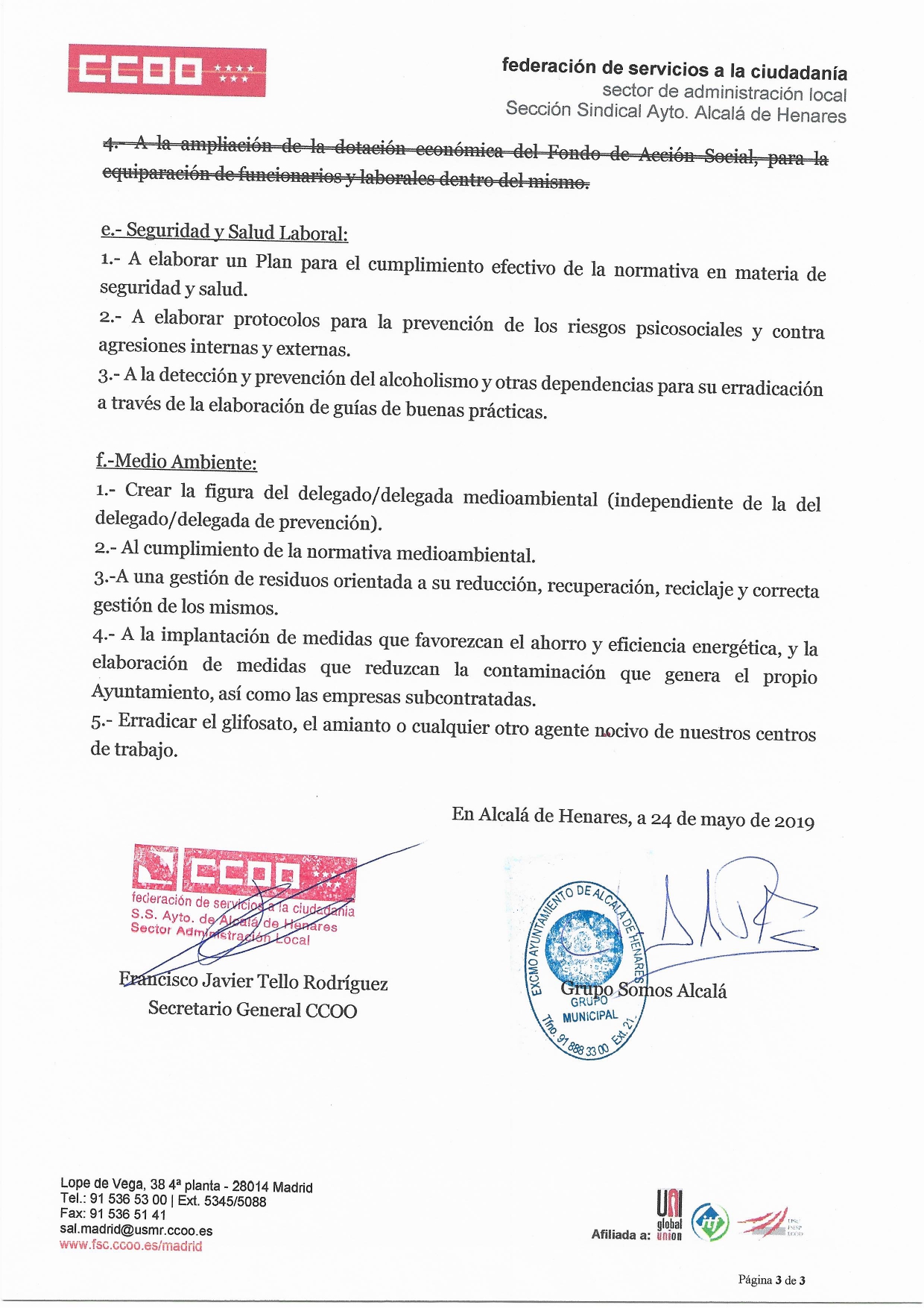 Carta de compromiso firmada por Somos Alcalá – CCOO Ayto. Alcalá de Henares