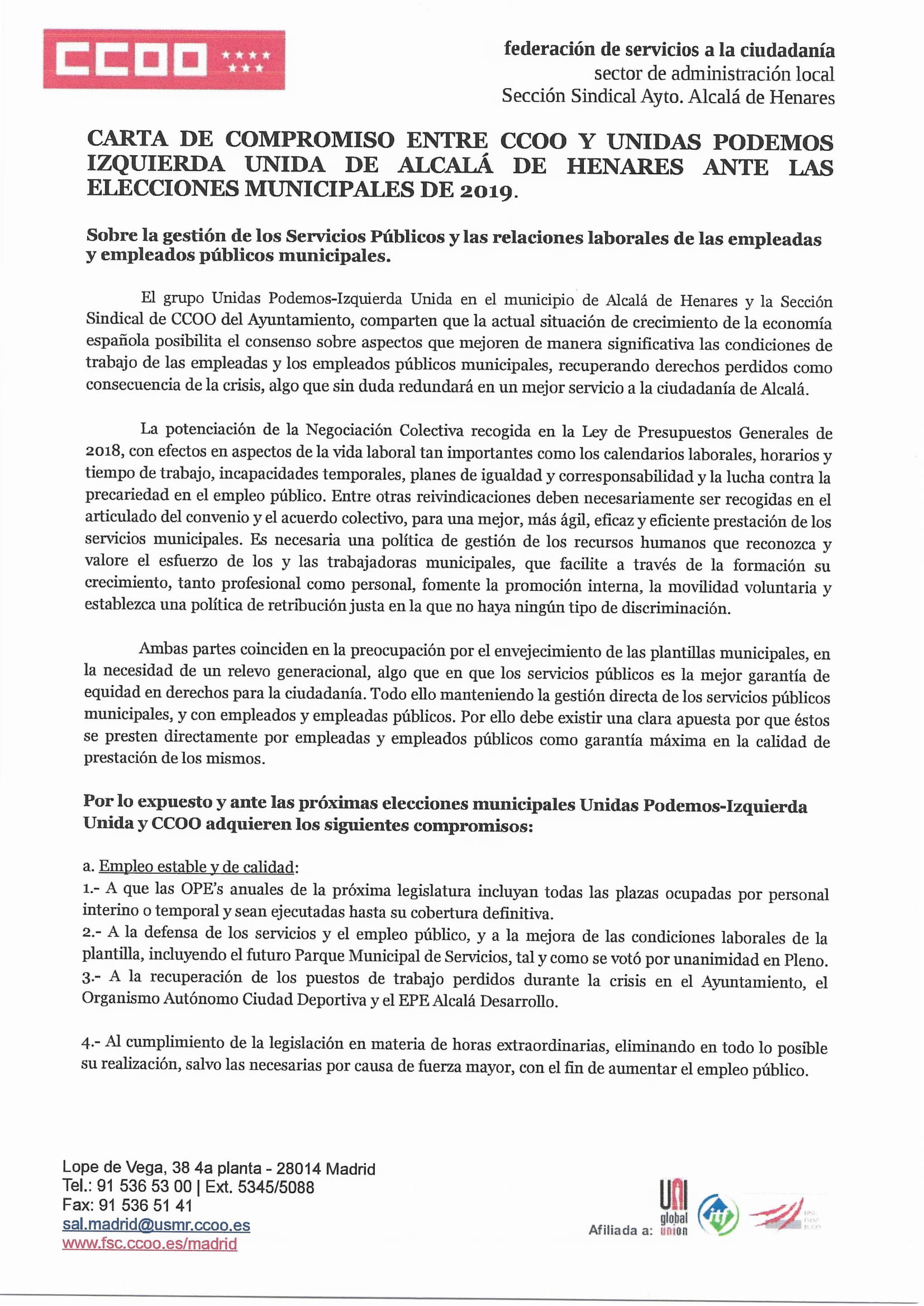 Carta de compromiso firmada por Unidas Podemos-Izquierda Unida – CCOO ...