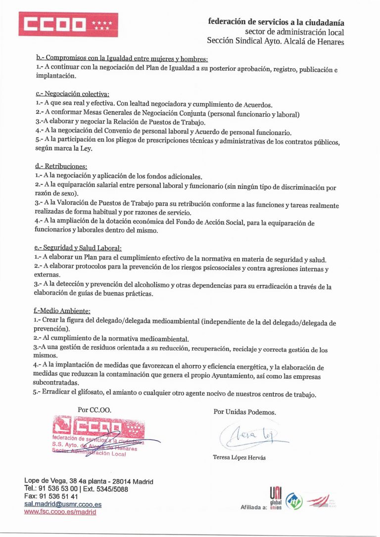 Carta de compromiso firmada por Unidas Podemos-Izquierda Unida – CCOO ...